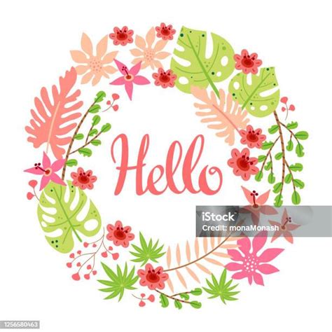 잎 꽃 문자 안녕하세요의 프레임 벡터 일러스트 흰색 배경에 꽃 원 테두리 트로피컬 스타일의 인사말 카드 0명에 대한 스톡 벡터 아트 및 기타 이미지 Istock