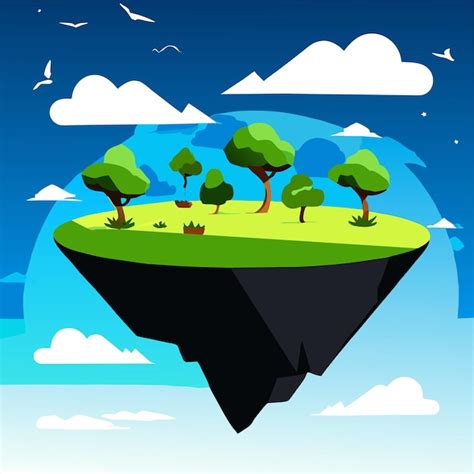 Islands With Green Grass And Tree Float In Sky With Clouds Vector