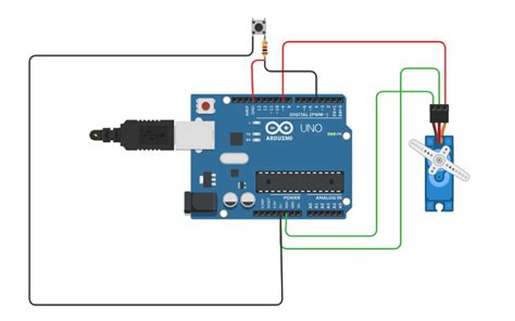 circuit design push button on servo motor tinkercad