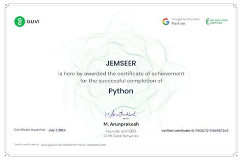 Jenseer K On Linkedin Hlo Connection Excited To Share That Ive Completed The Guvi Python