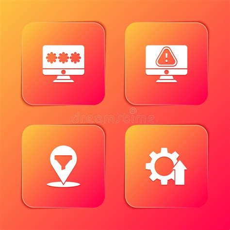Set Monitor With Password Exclamation Mark Location Sales Funnel And Arrow Growth Gear Icon