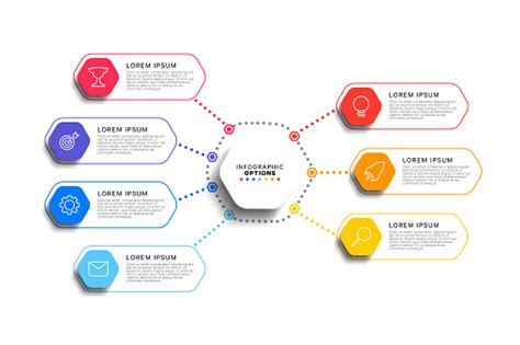 7 단계 흰색 배경에 현실적인 육각적 요소와 인포 그래픽 템플릿을 단계 비즈니스 프로세스 다이어그램 회사 프리젠 테이션 슬라이드 템플릿 최신 벡터 정보 그래픽 레이아웃