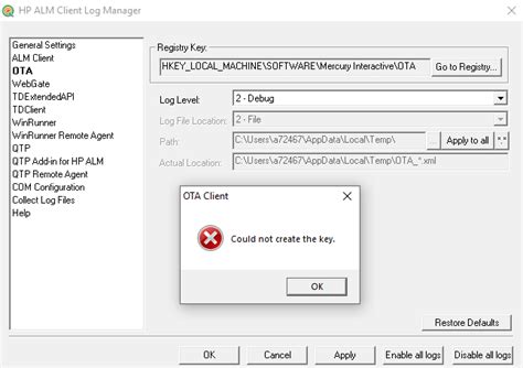 Getting Error When Trying To Setup The Client Log Management For Alm Client Eyeontesting