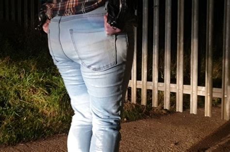 Public Wetting And Rewetting Tight Blue Jeans And Jeather Jacket