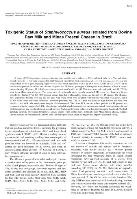 Pdf Toxigenic Status Of Staphylococcus Aureus Isolated From Bovine Raw Milk And Minas Frescal