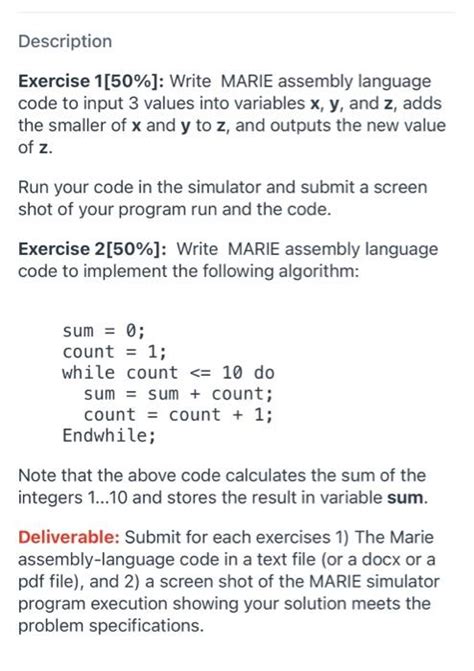 solved description exercise 1[50 ] write marie assembly