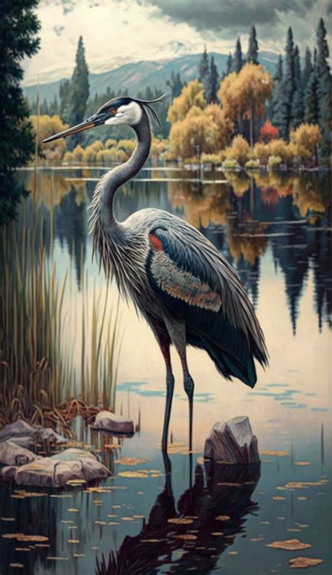 Crane in autumn in 2024 | Beautiful birds, Nature art painting, Heron art