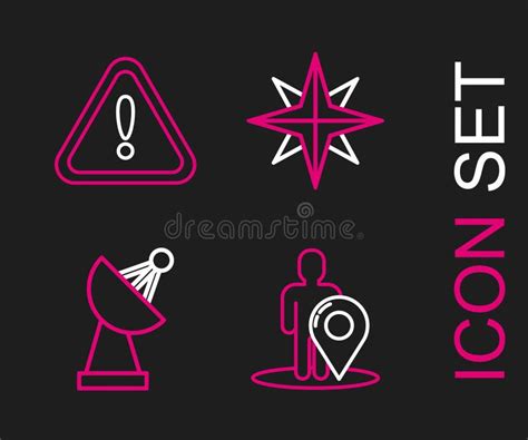Set Line Map Marker With A Silhouette Of A Person Radar Wind Rose And Exclamation Triangle