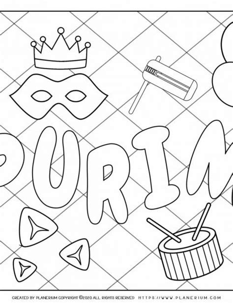 Purim Coloring Page Symbols Grid Background Planerium