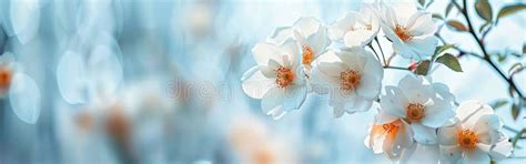 A Tree Branch With White Flowers And Green Leaves In The Sky Stock