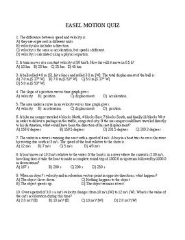 PHYSICS MOTION QUIZ Kinematics Unit Quiz Motion Unit Quiz WITH ANSWERS M C