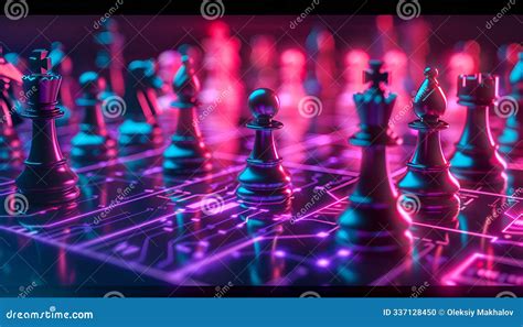 chess pieces on board in neon lights circuit board pattern and binary