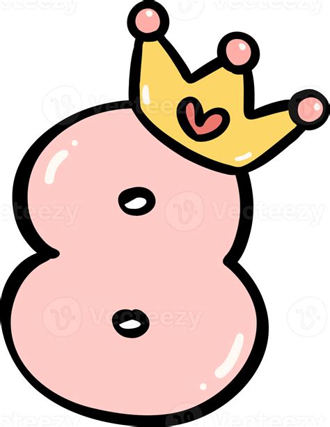 Cute Pink Birthday Number 8 With Crown Illustration Doodle Outline