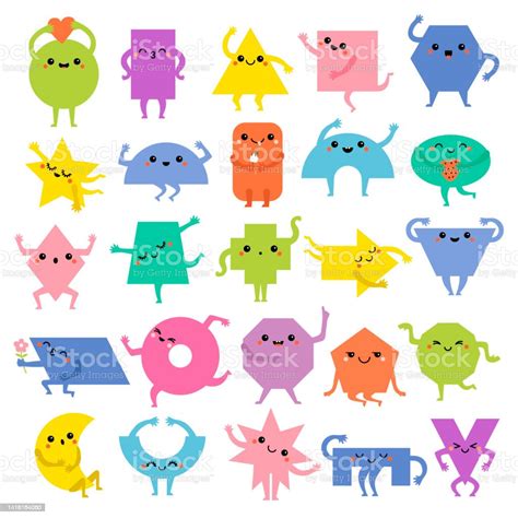 기하학적 마스코트 다각형 원과 삼각형 모양에 재미있는 얼굴 이모티콘 최근 벡터 컬러 교육 양식 등장인물에 대한 스톡 벡터 아트 및 기타 이미지 Istock