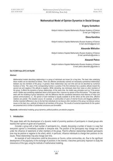 Pdf Mathematical Model Of Opinion Dynamics In Social Groups