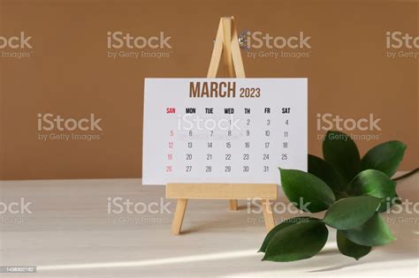 2023년 3월 나무 스탠드에 달 달력입니다 녹색 분기 옆에 있는 바탕 화면에 며칠과 주가 있는 흰색 용지입니다 새해의 개념