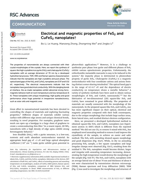 Pdf Electrical And Magnetic Properties Of Fes 2 And Cufes 2 Nanoplates
