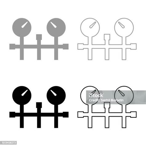 압력 게이지 및 파이프 압력계 미터 진공 가열 가스 물 오일 펌프 측정 장치 시스템 세트 아이콘 회색 검정 색상 벡터 그림