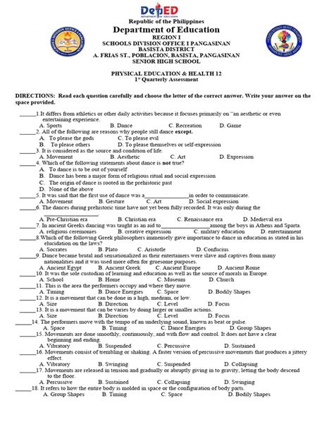 Grade 12 Q1 Pe 3 Quaterly Exam Pdf Physical Fitness Dances