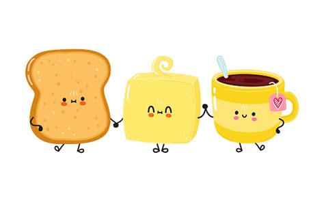차와 버터 카드의 귀여운 행복한 토스트 컵 벡터 손으로 그린 낙서 스타일 만화 캐릭터 일러스트 아이콘 디자인 차와 버터 친구 개념의 행복한 토스트 컵 사람 얼굴에 대한 스톡