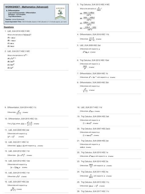 Differentiation Worksheet Hsc Questions W Solutions Download Free