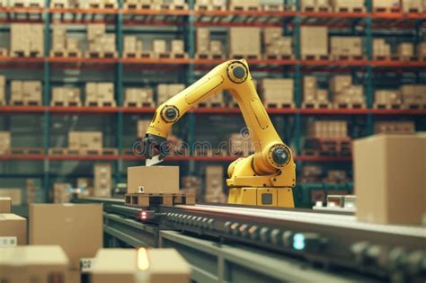 Automated Robotic Arm Handling Boxes In Warehouse Industrial Tech And Efficiency Concept Of
