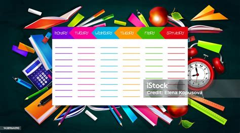 일일 계획의 개념 만화 스타일의 수업 일정 칠판의 배경에 학교 과목과 용품의 배경에 대한 수업과 수업의 주간 일정 계산기에 대한