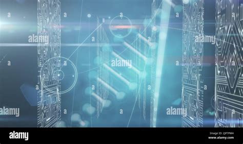 Image Of Dna Structure Spinning Over Screens Of Microprocessor