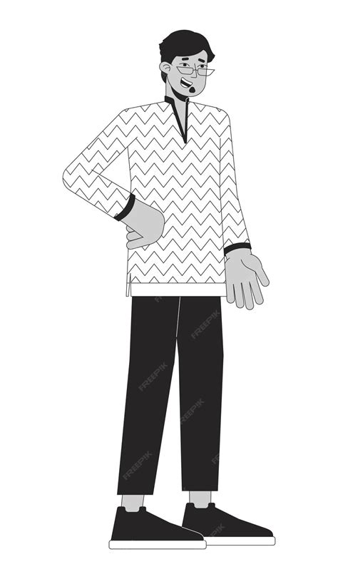 안경 남자 전통 의상 검은색과 색 2d 라인 만화 캐릭터 프리미엄 벡터