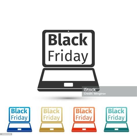 화면 아이콘 흰색 배경에 고립 된 검은 금요일 판매와 노트북 컬러 아이콘에 요소를 설정 합니다 평면 디자인입니다 벡터 일러스트 레이 션 11월에 대한 스톡 벡터 아트 및