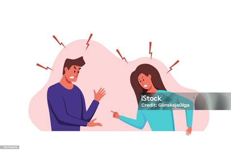 화가 나서 몇 명의 사람들이 벡터 일러스트레이션을 외치고 있다고 주장합니다 남편과 아내는 서로 의한 문제를 비난하며 소리쳤다 남자와 여자 다툼 관계 불행한 젊은 가족 싸움