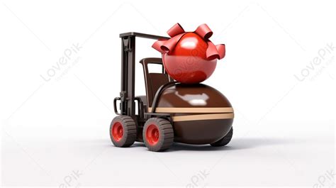놀라운 3d 렌더링 지게차는 흰색 배경에 빨간색 리본과 활을 사용하여 큰 갈색 부활절 달걀을 이동합니다 놀라운 3d 렌더링 지게차는 흰색 배경에 빨간색 리본과 활을