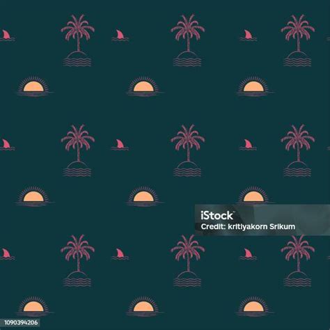 레트로 열 대 야 자 나무 섬 파 태양 해변 패션 패브릭 벽지 웹에 대 한 지 느 러 미 상어 최소 반복 완벽 한 패턴 디자인