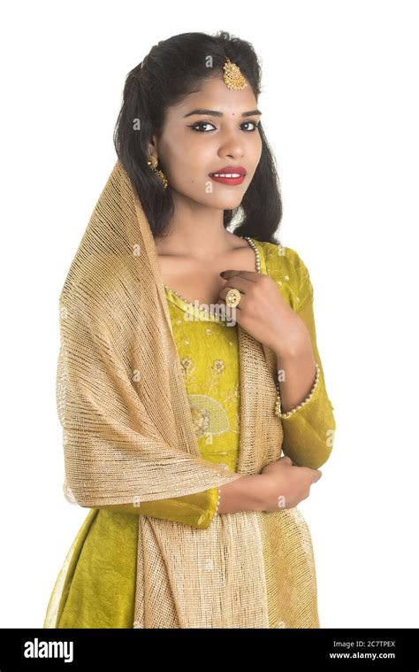 Portrait Of Beautiful Traditional Indian Girl Posing On White