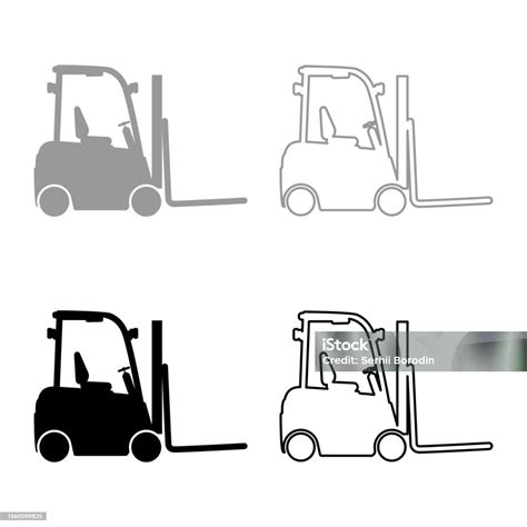 지게차 로더 포크 리프트 창고 트럭 실루엣 세트 아이콘 그레이 블랙 컬러 벡터 일러스트 이미지 플랫 스타일 솔리드 필 윤곽 윤곽 선 얇은 갈림길에 대한 스톡 벡터 아트 및