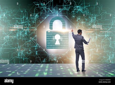 The Man In Digital Security Concept Pressing Button Stock Photo Alamy
