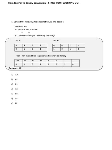 2 Hexadecimal To Decimal Worksheet Pdf