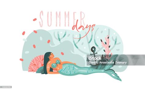 산호초 앵커 여름 일 인쇄 술 흰색 배경에 고립 된 초와 아름다움 인 어 소녀 캐릭터 핸드 그린된 벡터 추상 만화 그래픽 수 중 일러스트 포스터 개체 그룹에 대한 스톡 벡터