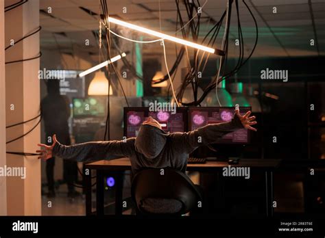 Successful Cyberattack Hacker Celebrating Computer System Password Hacking Happy Woman Scammer