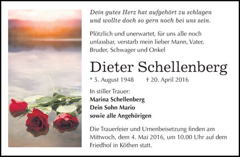 Traueranzeigen Von Dieter Schellenberg Abschied Nehmende