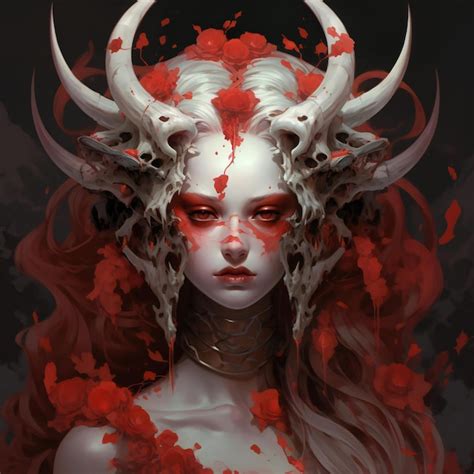 Premium Photo Illustration Of A Beautiful Girl With Horns And Red Flowers