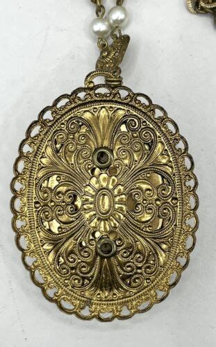 Vintage West Germany Brass Filigree Pink Slag Glass Cameo Pendant Necklace 4606807905