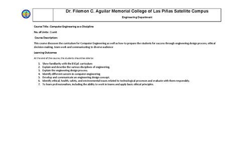 Syllabus Computer Engineering As A Discipline Engineering Department Course Title Computer