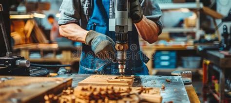 Carpenter S Hand In Gloves Using Electric Drill To Assemble Wood In Woodworking Shop Stock
