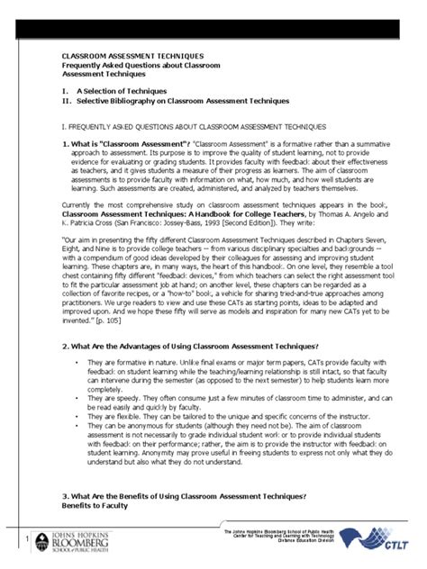 Classroom Assessment Techniques Pdf Educational Assessment Teachers