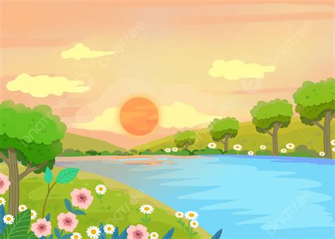 Cartoon Natural Landscape At Sunset By The Lake Background Computer Wallpaper Trees River
