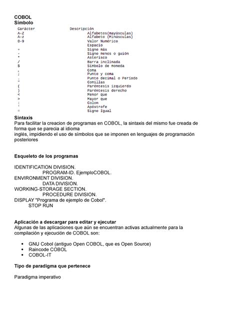 Cobol TAREA LENGUAJE DE PROGRAMACION ACTIVIDAD PIA FIME COBOL Símbolo Sintaxis Para