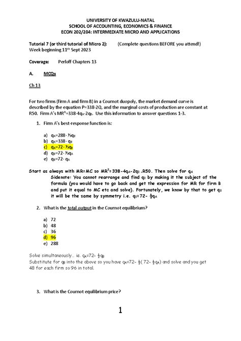 Tut 7 Solutions Tut Solution University Of Kwazulu Natal School Of