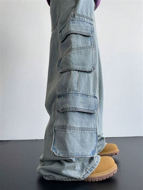 Manfinity Denimwave بنطلون جينز واسع فضفاض متعدد الجيوب أزرق فاتح مغسول