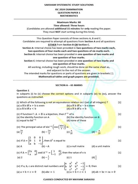 Isc Test Paper 1 Dated 06 01 2024 Pdf Function Mathematics Equations